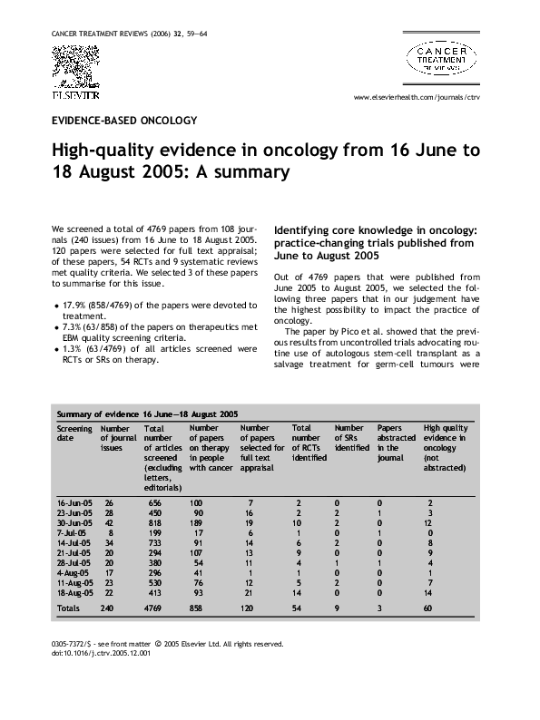 (PDF) High-quality evidence in oncology from 16 June to 18 August 2005 ...
