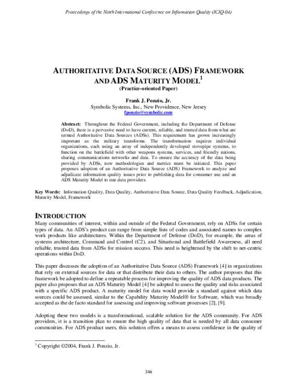 Pdf Authoritative Data Source Ads Framework And Ads Maturity Model