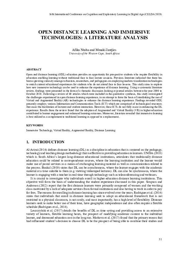 (PDF) Open Distance Learning and Immersive Technologies: A Literature ...