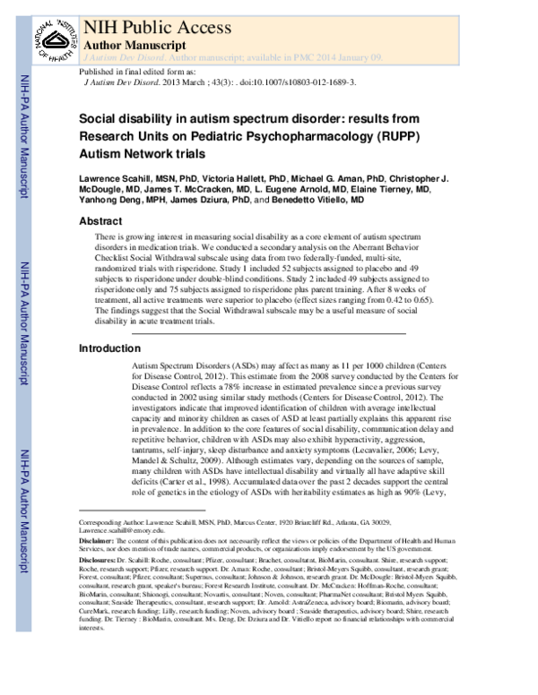 (PDF) Brief Report: Social Disability in Autism Spectrum Disorder ...