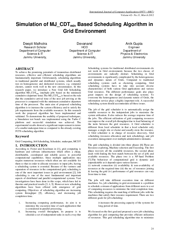 Pdf Simulation Of Mj Cdtmin Based Scheduling Algorithm In Grid Environment