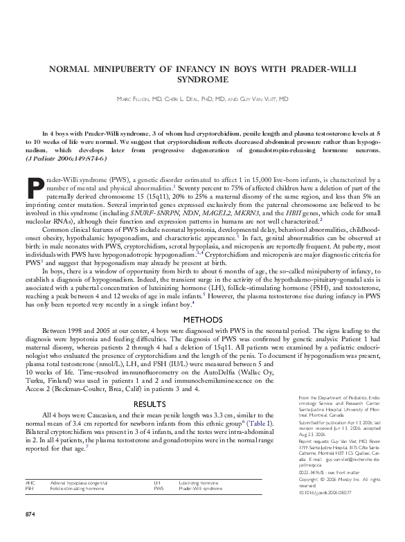 (PDF) Normal minipuberty of infancy in boys with Prader-Willi syndrome