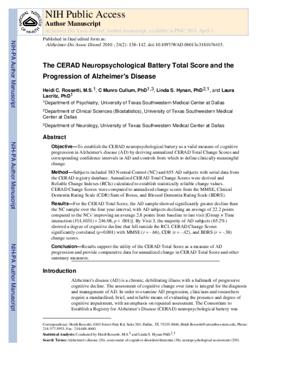 (PDF) The CERAD Neuropsychologic Battery Total Score and the ...