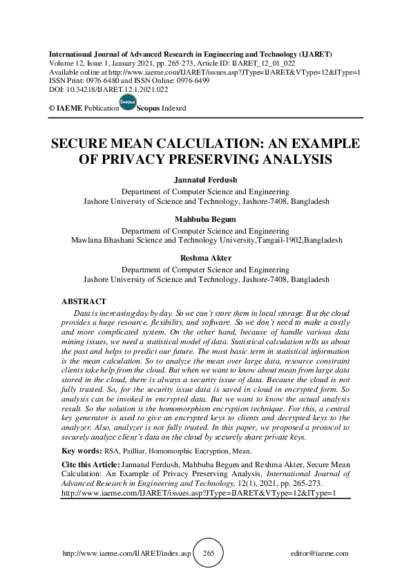 (PDF) SECURE MEAN CALCULATION: AN EXAMPLE OF PRIVACY PRESERVING ANALYSIS