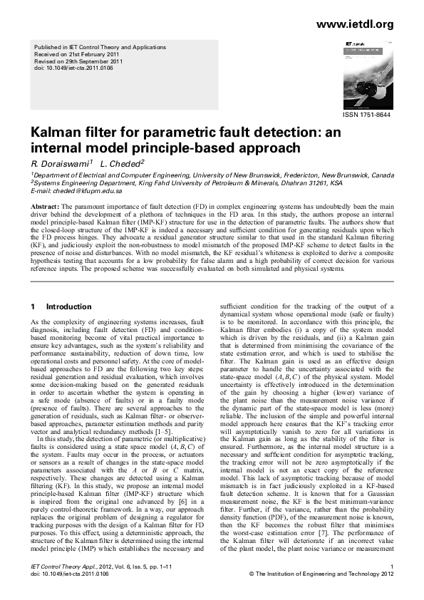 Pdf Kalman Filter For Fault Detection An Internal Model Approach