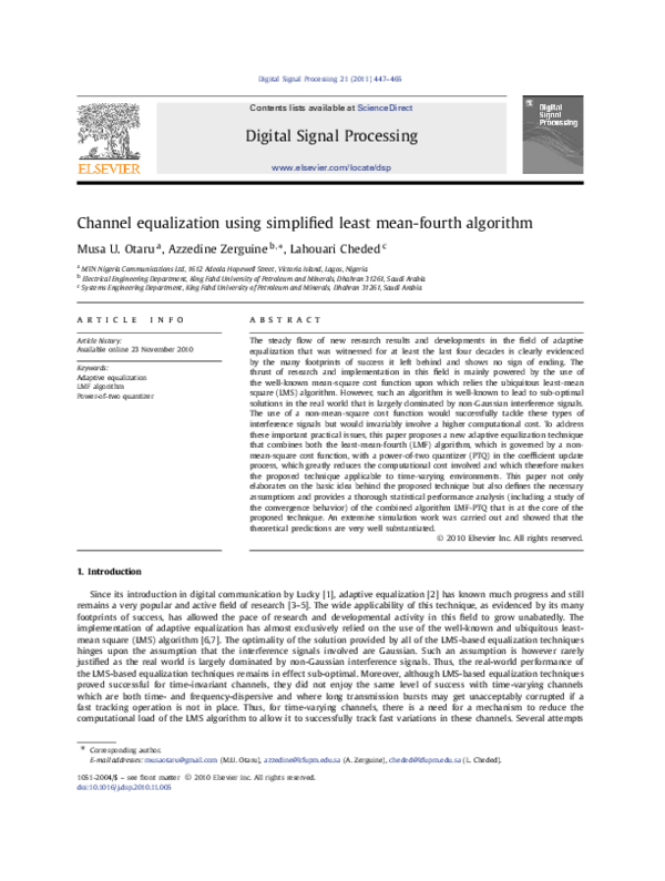 (PDF) Channel equalization using simplified least mean-fourth algorithm