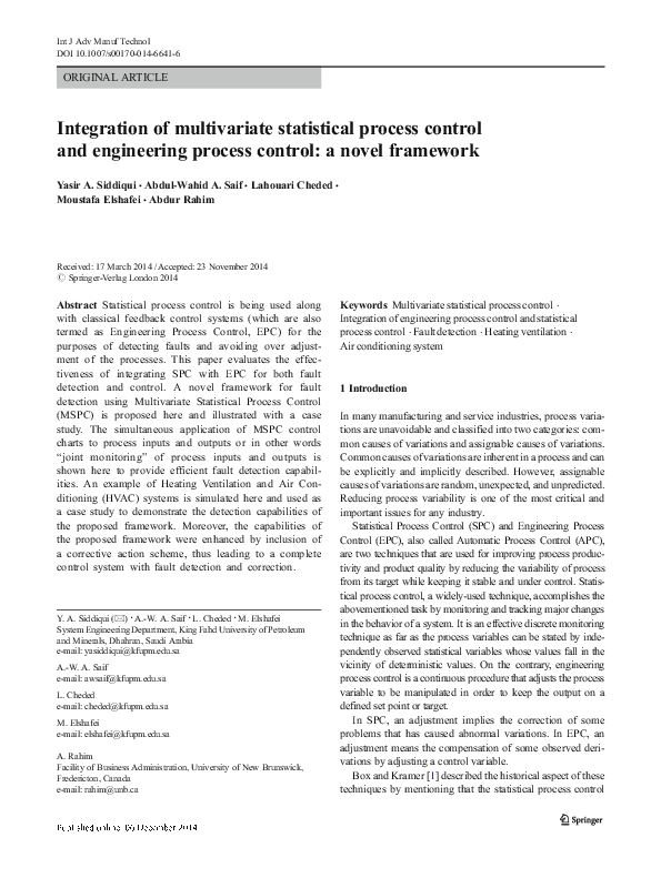 Pdf Integration Of Multivariate Statistical Process Control And Engineering Process Control A