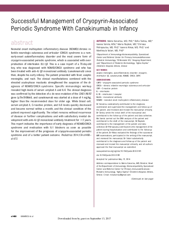 (PDF) Successful management of cryopyrin-associated periodic syndrome ...