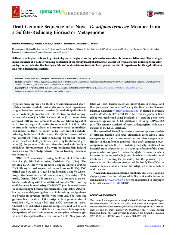 (PDF) Draft Genome Sequence of a Novel Desulfobacteraceae Member from a ...