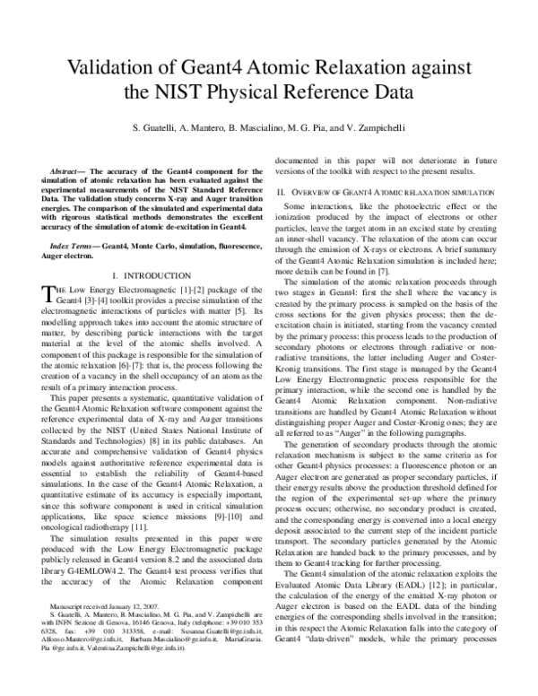 (PDF) Validation of Geant4 Atomic Relaxation Against the NIST Physical Reference Data