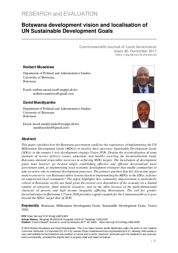 (PDF) Botswana development vision and localisation of UN Sustainable ...