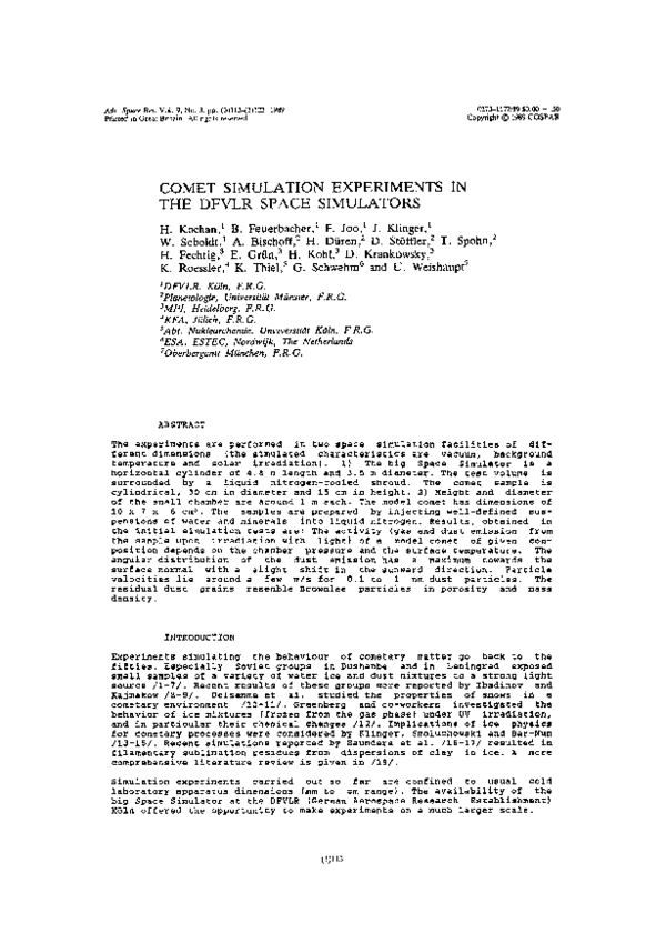 (PDF) Comet simulation experiments in the DFVLR space simulators