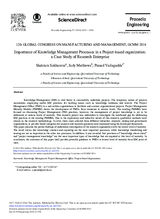 (PDF) Importance of Knowledge Management Processes in a Project-based ...