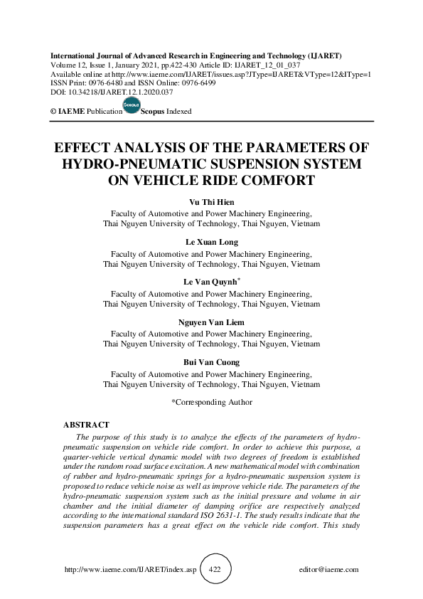 (PDF) EFFECT ANALYSIS OF THE PARAMETERS OF HYDRO-PNEUMATIC SUSPENSION ...