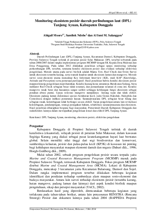 (PDF) Monitoring ekosistem pesisir daerah perlindungan laut (DPL) Tanjung Ayuan, Kabupaten Donggala