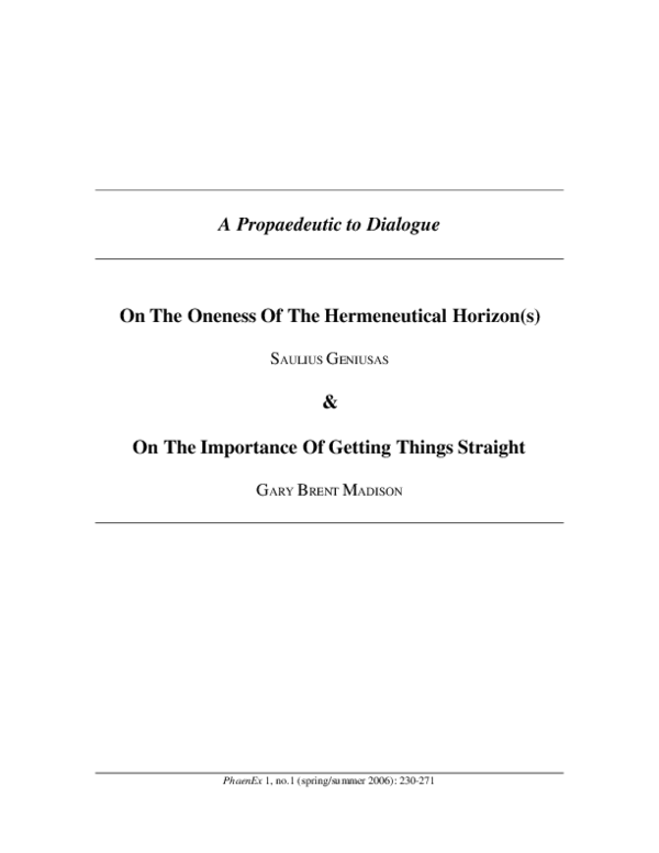 (PDF) A Propaedeutic to Dialogue: "On The Oneness Of The Hermeneutical ...