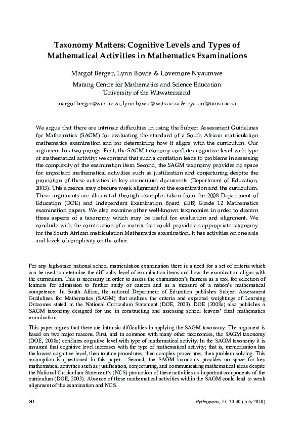 (PDF) Taxonomy matters: Cognitive levels and types of mathematical ...