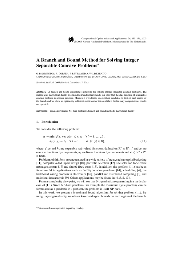 (PDF) A branch and bound method for solving integer separable concave problems