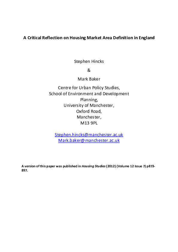 (PDF) A Critical Reflection on Housing Market Area Definition in ...