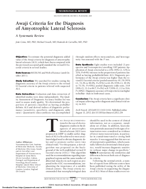 (PDF) Awaji Criteria for the Diagnosis of Amyotrophic Lateral Sclerosis