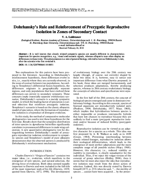 (PDF) Dobzhansky's rule and reinforcement of pre-zygotic reproductive ...