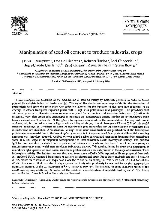 (PDF) Manipulation of seed oil content to produce industrial crops