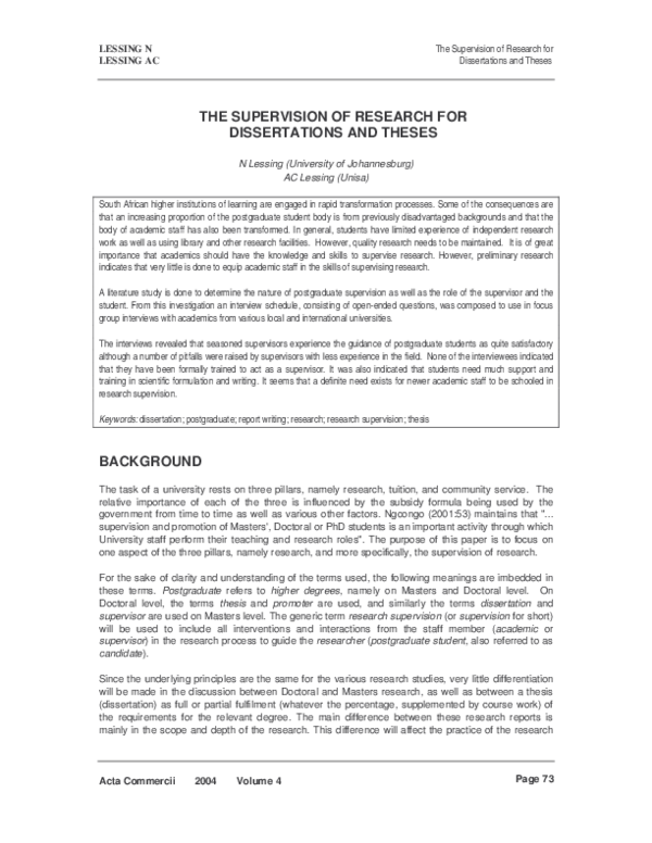 (PDF) The supervision of research for dissertations and theses