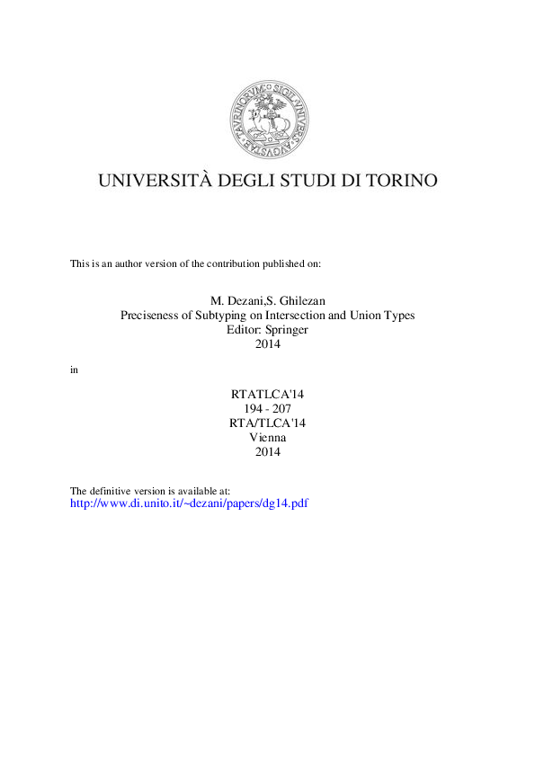 (PDF) Preciseness of Subtyping on Intersection and Union Types