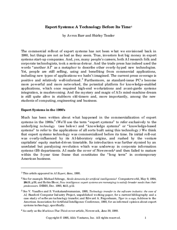 (PDF) Expert Systems: A Technology Before Its Time 1 | Avron Barr ...