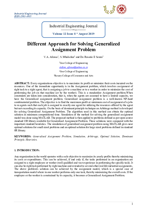 Pdf Different Approach For Solving Generalised Assignment Problem