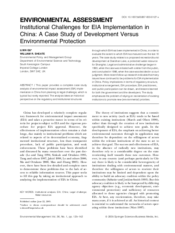 (PDF) Institutional Challenges for EIA Implementation in China: A Case ...