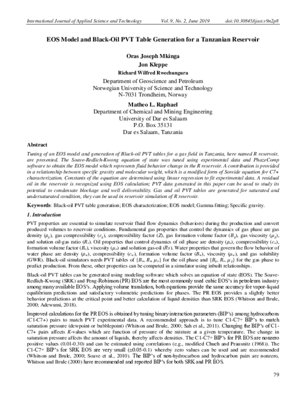 (PDF) EOS Model and Black-Oil PVT Table Generation for a Tanzanian ...