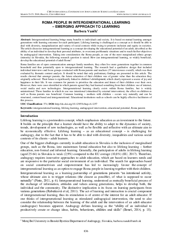 (PDF) Roma People in Intergenerational Learning – Emerging Approach to Learning