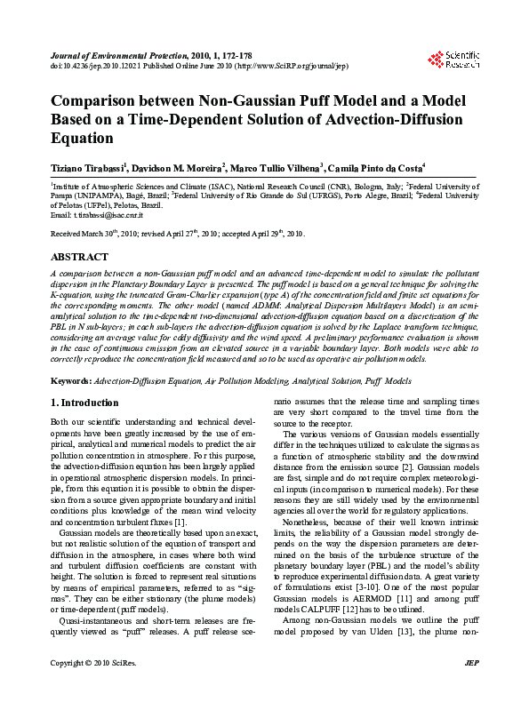 (PDF) Comparison between Non-Gaussian Puff Model and a Model Based on a Time-Dependent Solution ...