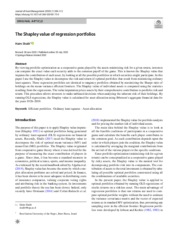 (PDF) The Shapley value of regression portfolios