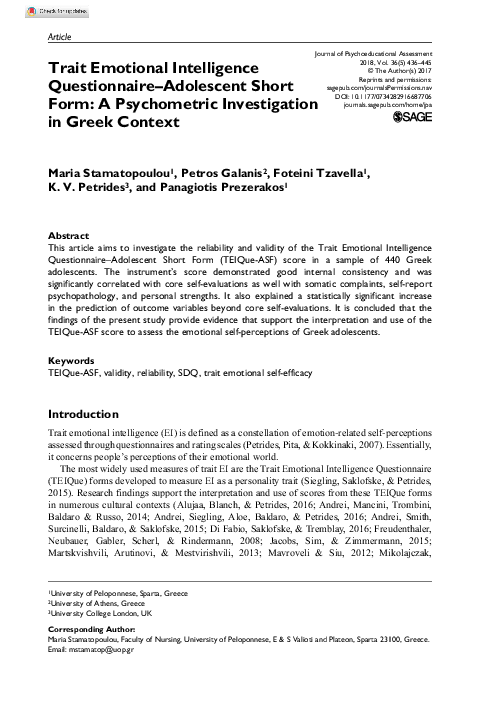 (PDF) Trait Emotional Intelligence Questionnaire--Adolescent Short Form