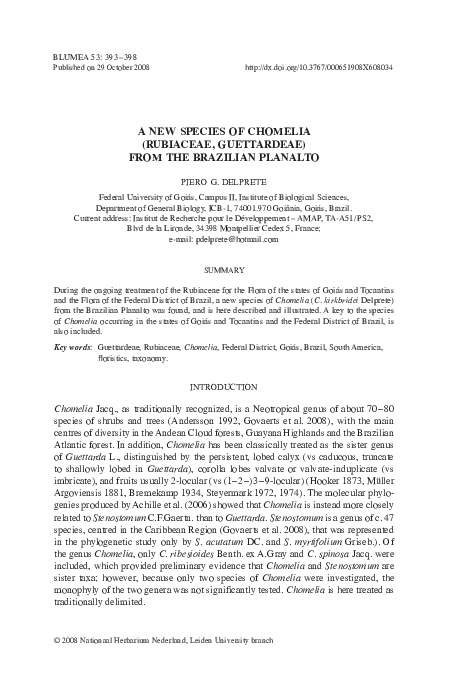 (PDF) A new species of Chomelia (Rubiaceae, Guettardeae) from the ...