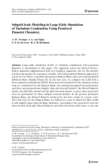 Pdf Subgrid Scale Modeling In Large Eddy Simulation Of Turbulent Combustion Using Premixed