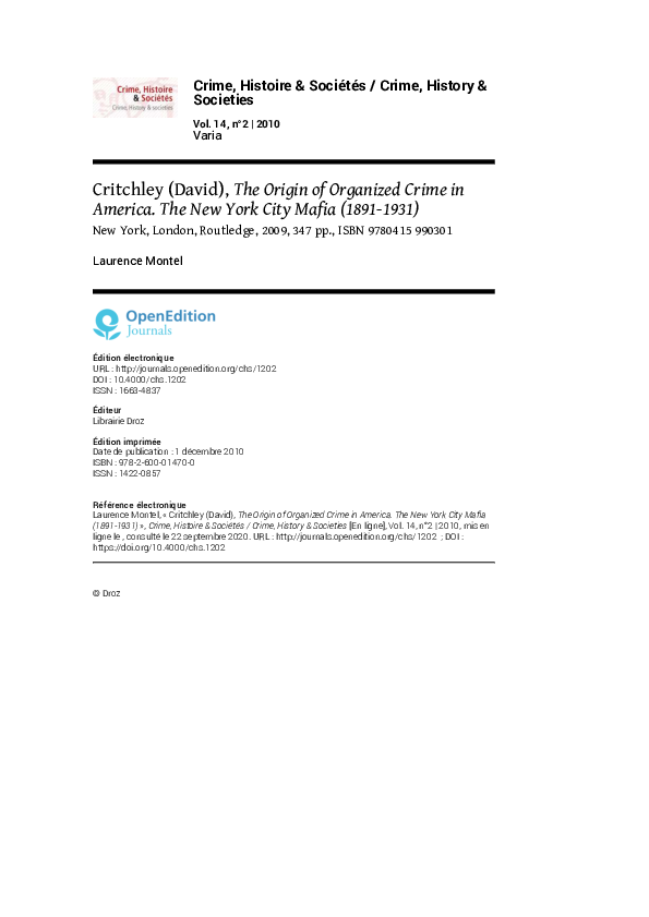 (PDF) Critchley (David), The Origin of Organized Crime in America. The ...