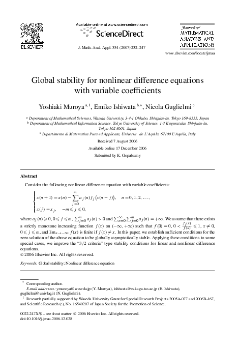 (PDF) Global stability for nonlinear difference equations with variable coefficients