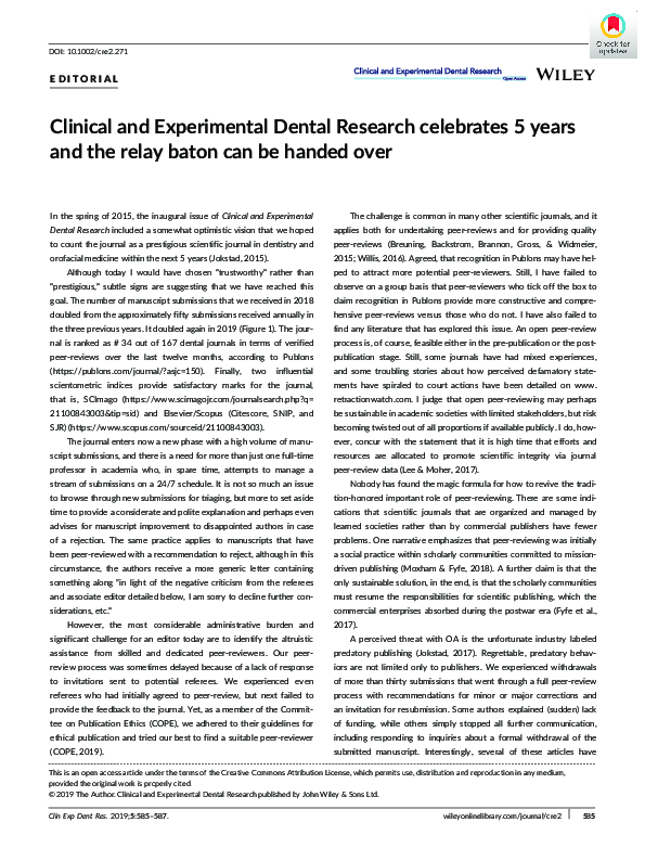 (PDF) Clinical and Experimental Dental Research celebrates 5 years and ...