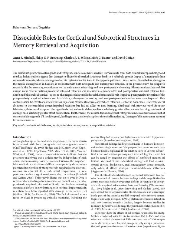 Pdf Dissociable Roles For Cortical And Subcortical Structures In Memory Encoding And Retrieval
