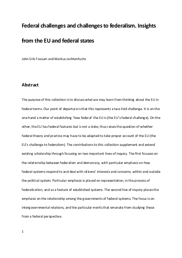 (PDF) Federal challenges and challenges to federalism. Insights from ...