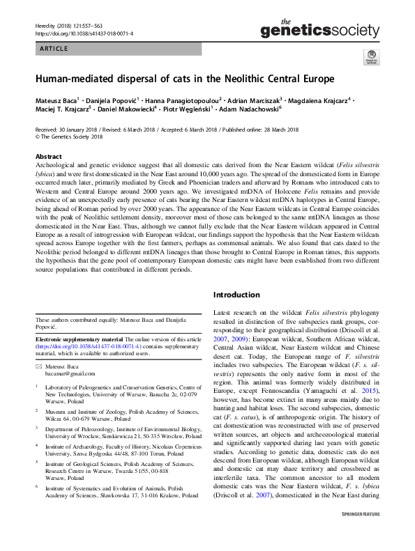 (PDF) Human-mediated dispersal of cats in the Neolithic Central Europe