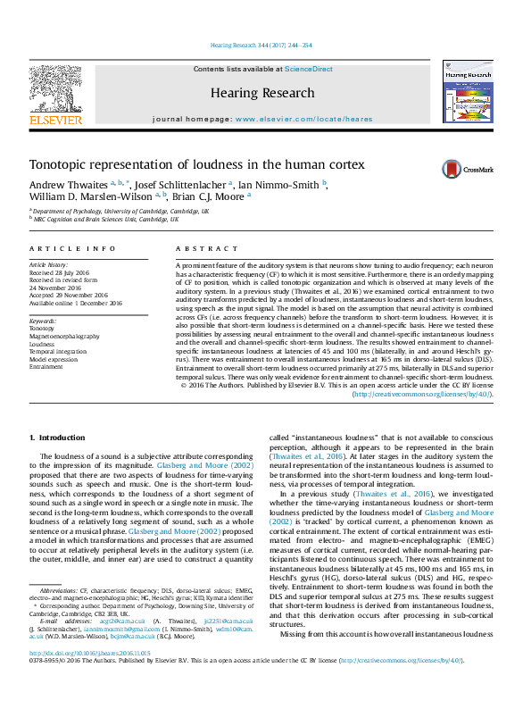 (PDF) Tonotopic representation of loudness in the human cortex