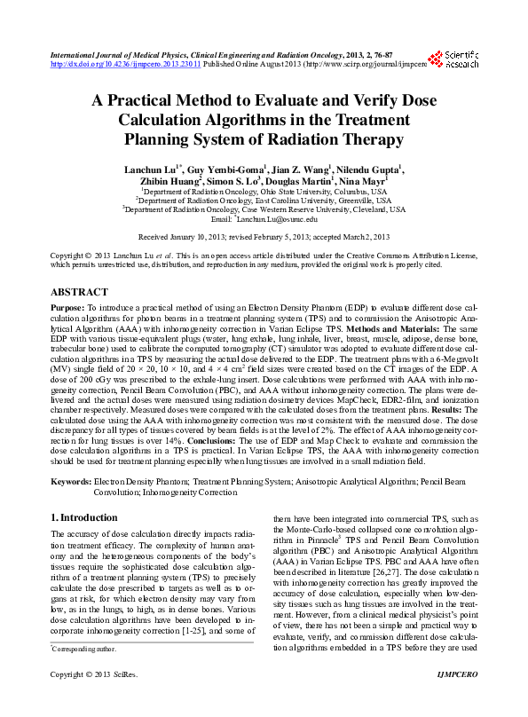 Pdf A Practical Method To Evaluate And Verify Dose Calculation