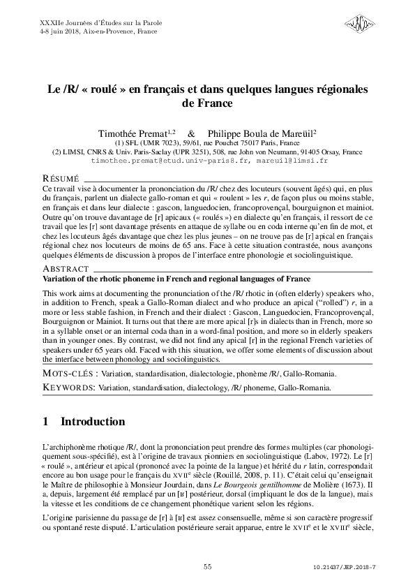 (PDF) Le /R/ « roulé » en français et dans quelques langues régionales ...