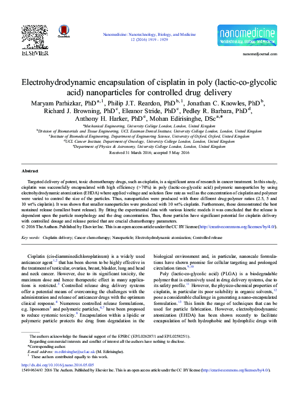 (PDF) Electrohydrodynamic encapsulation of cisplatin in poly (lactic-co-glycolic acid ...