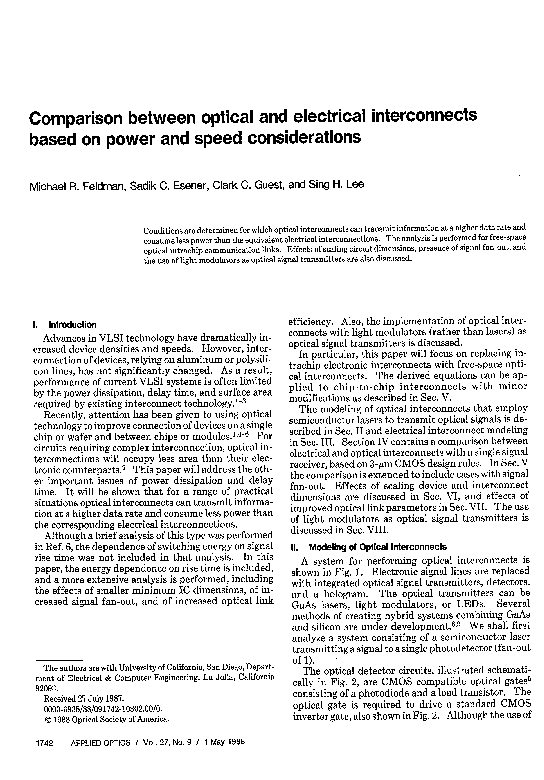 (PDF) Comparison between optical and electrical interconnects based on power and speed ...