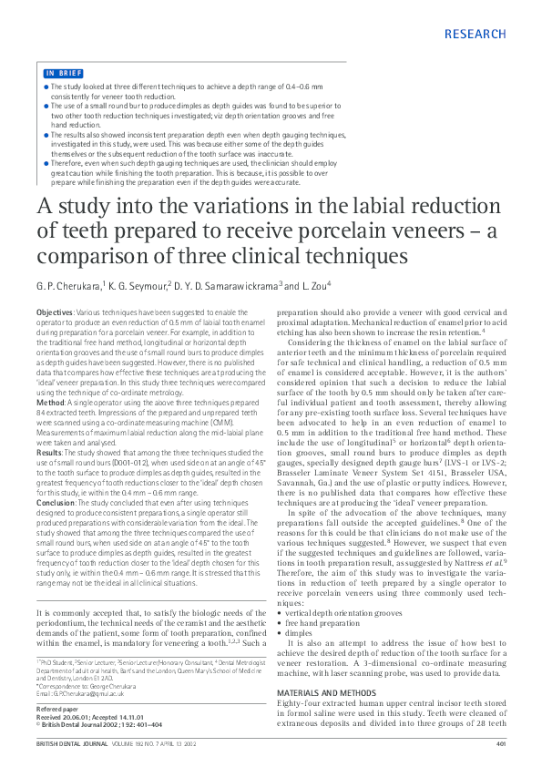(PDF) Labial Tooth Reduction for Porcelain Veneers: Technique Comparison